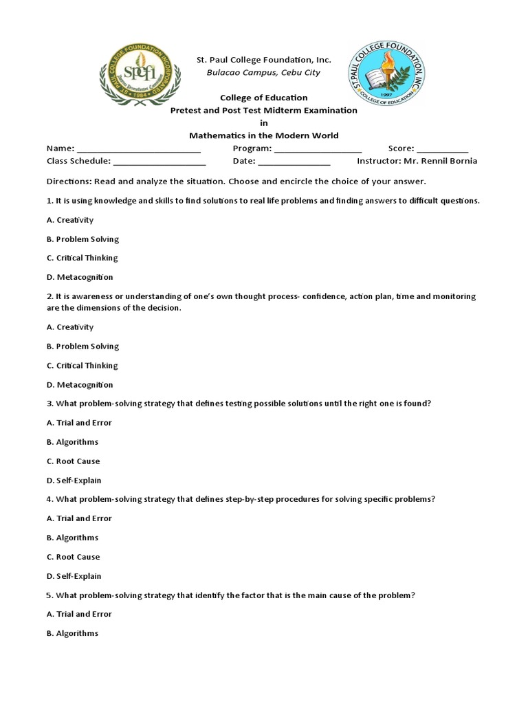 MMW (Midterm Pretest and Post Test Exam) | PDF | Mental Image | Creativity