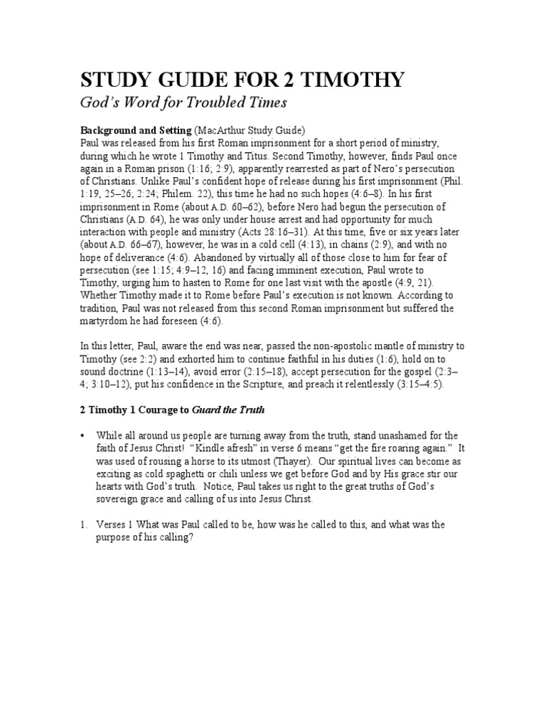 Study Guide For 2 Timothy: God's Word For Troubled Times | PDF | Paul ...