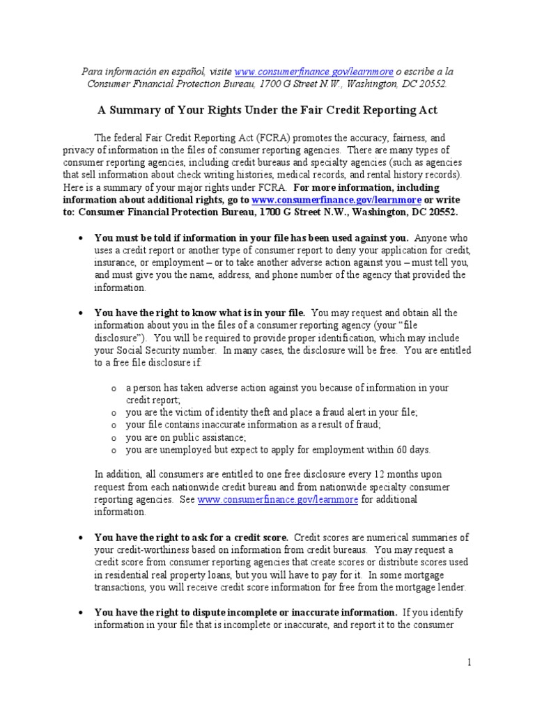A Summary of Your Rights Under The Fair Credit Reporting Act | PDF ...