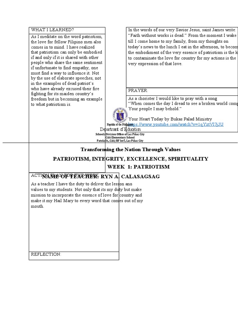 Transforming The Nation Through Values Patriotism, Integrity ...