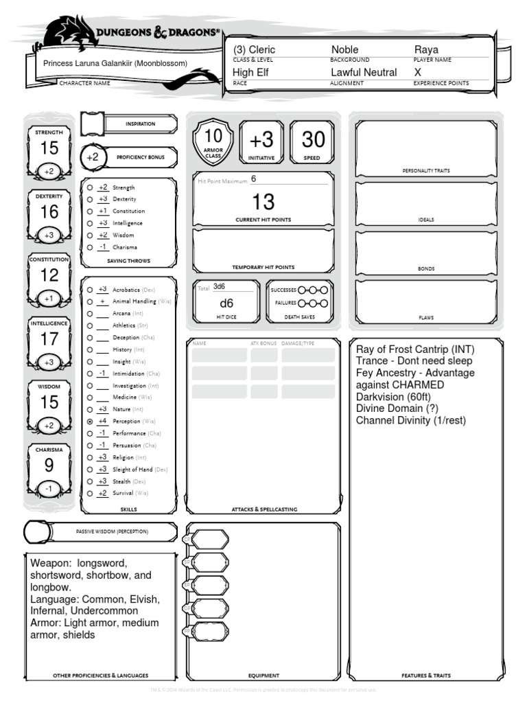 Empty Character Sheet For 5th Edition D&D | PDF | Tabletop Games ...