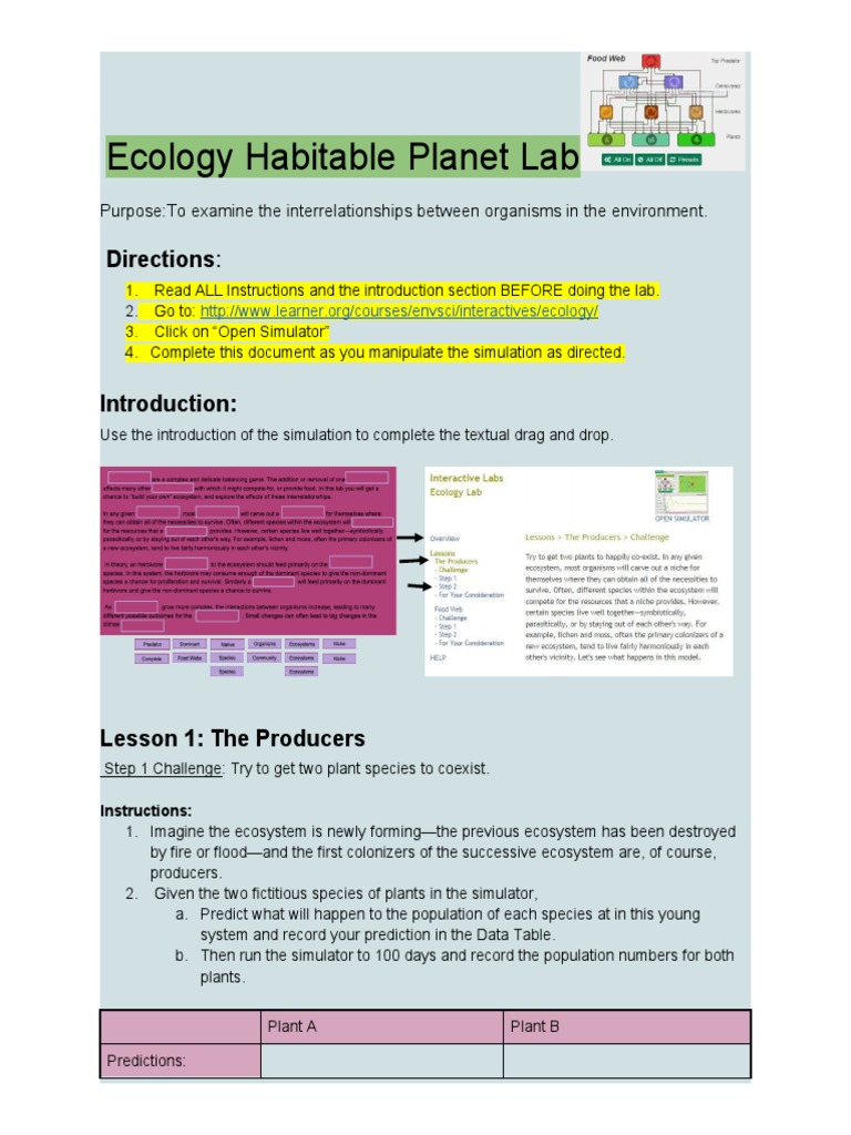 Ecology Habitable Planet Lab: Directions | PDF | Food Web | Ecosystem