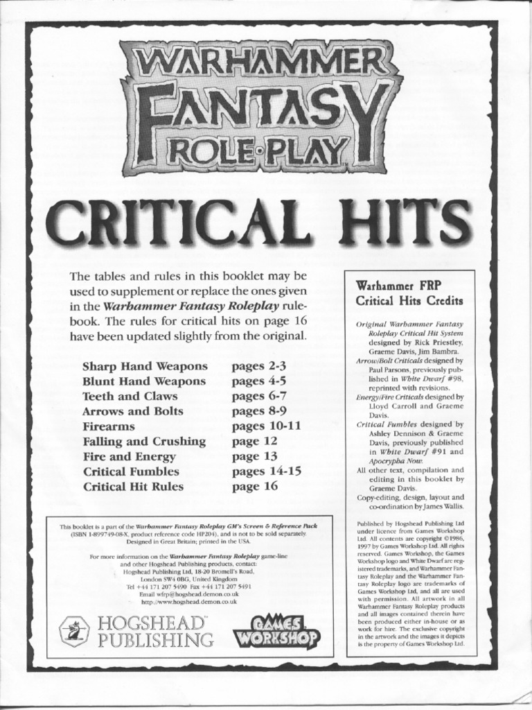Warhammer Fantasy Roleplay - Critical Hits | PDF