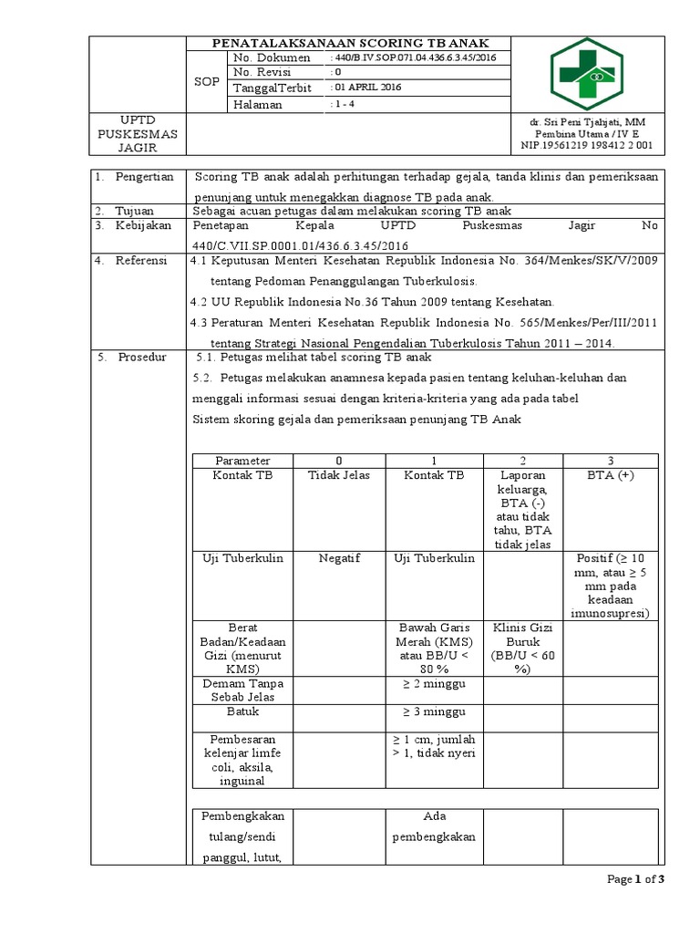 Sop Penatalaksanaan Scoring TB Anak | PDF