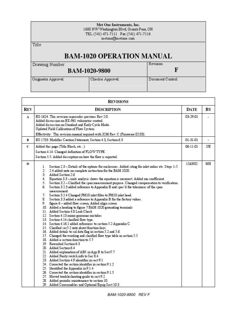 BAM-1020-9800 Manual Rev F | PDF | Particulates | Calibration