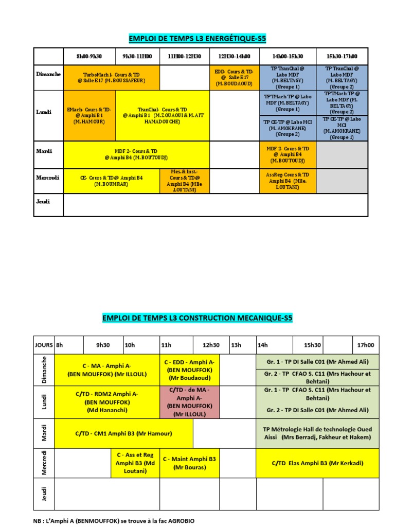 Emploi Du Temps M1 S1 Et L3 S5 Fin GM | PDF