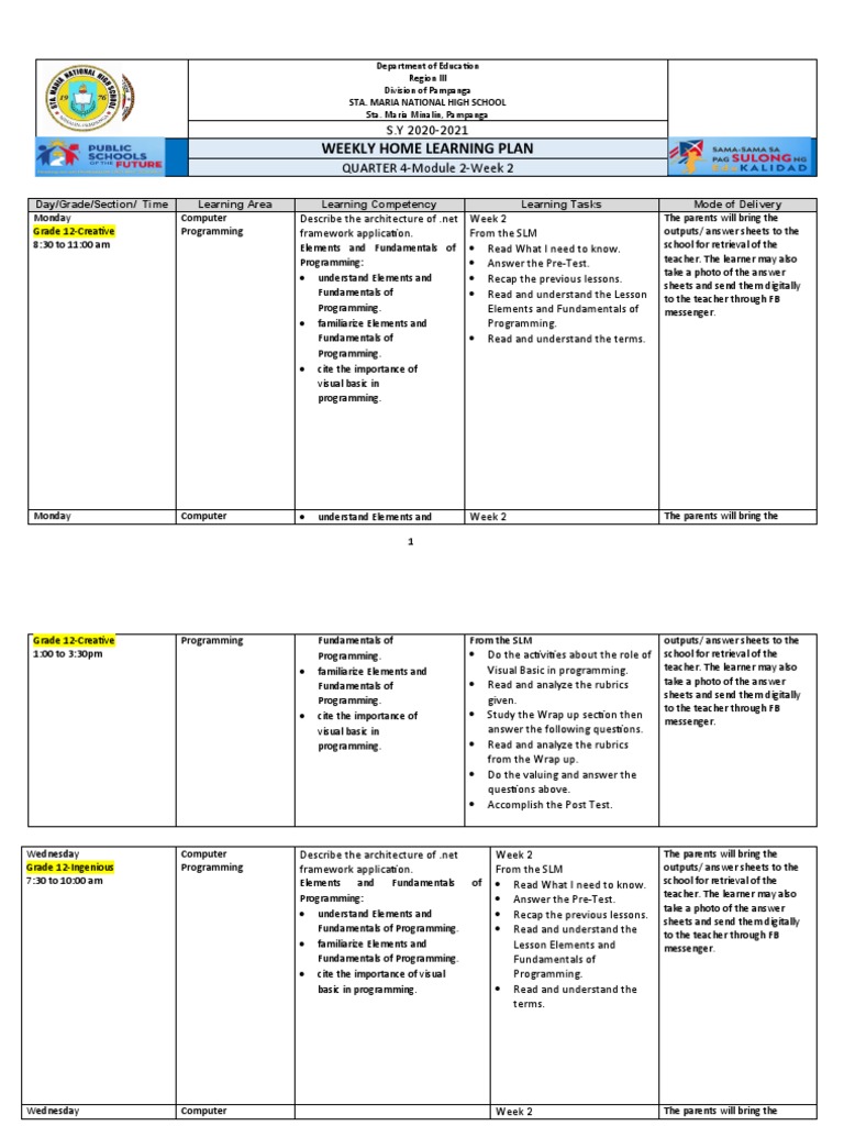 Week 2 Weekly Home Learning Plan | PDF | Teaching | Educational Technology