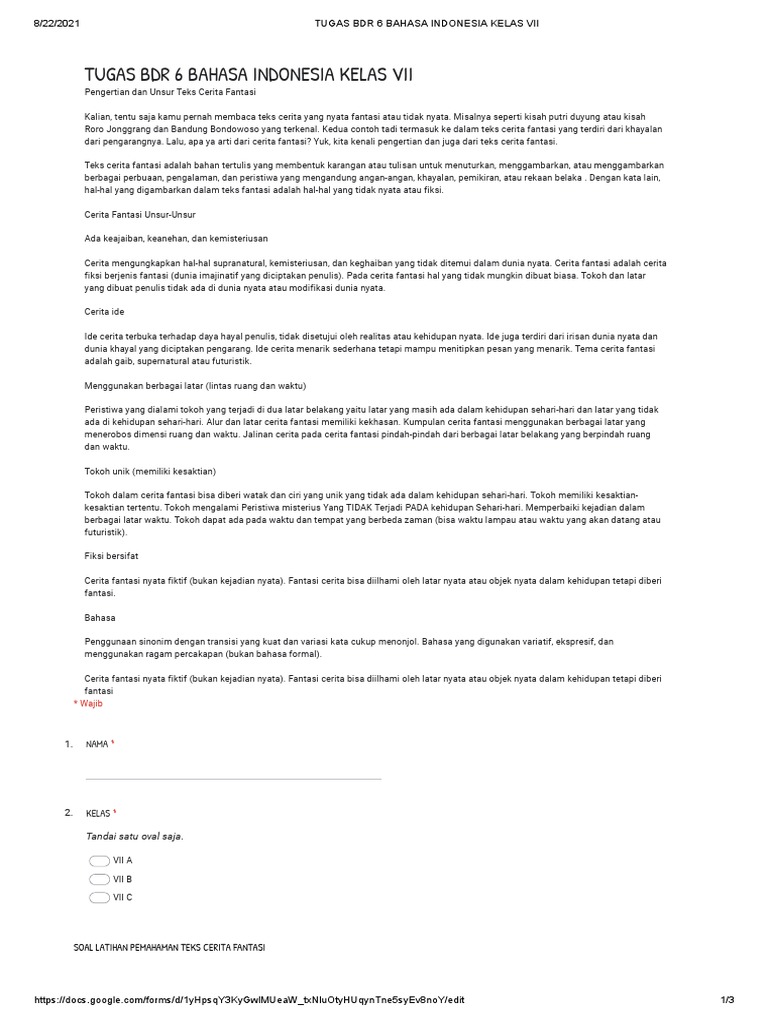 TUGAS BDR 6 BAHASA INDONESIA KELAS VII - Google Formulir | PDF