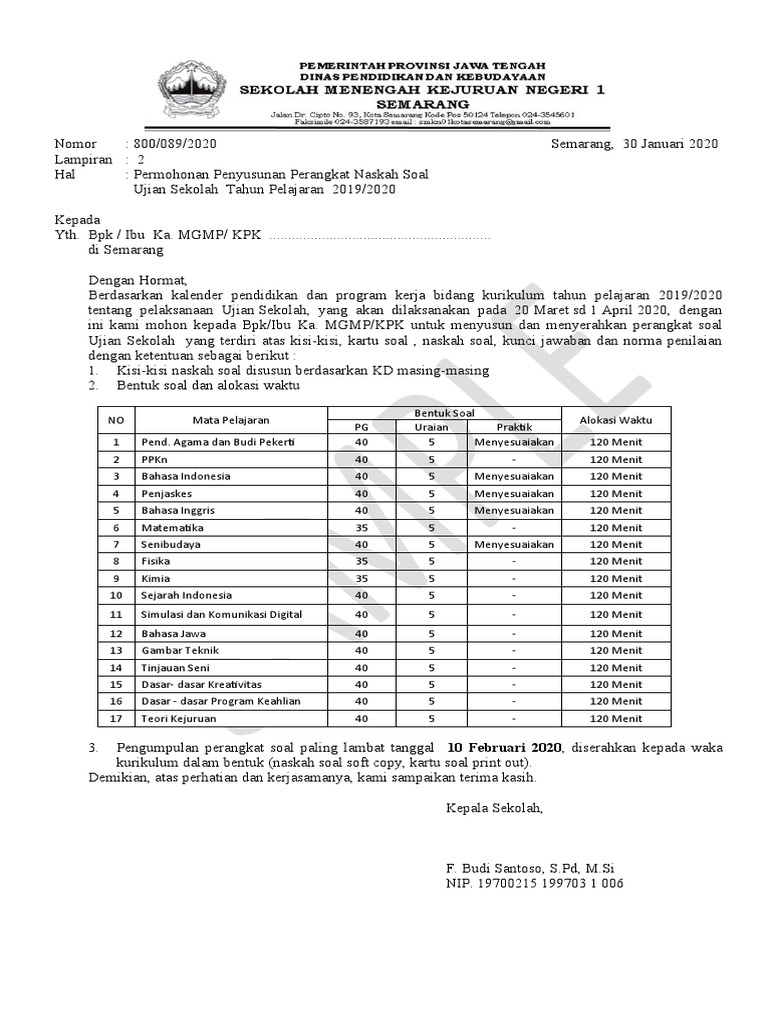 Surat Permohonan Soal Us 19 20 | PDF