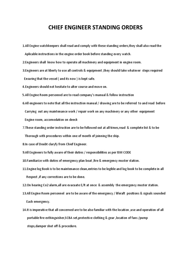 Chief Engineer Standing Orders Manual | PDF | Safety