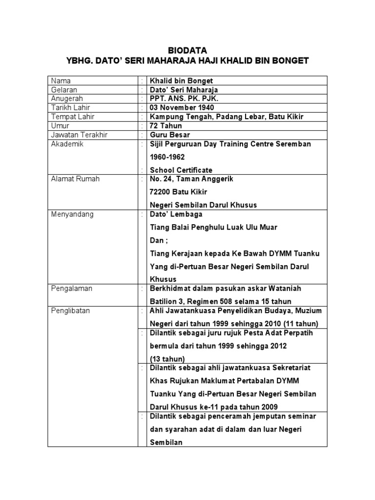 Penglibatan&sumbangan Dato' Khalid Bonget | PDF