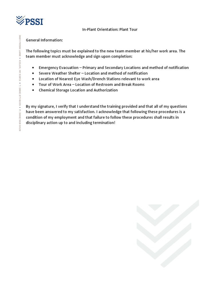 In Plant Orientation Plant Tour FORM IPT | PDF