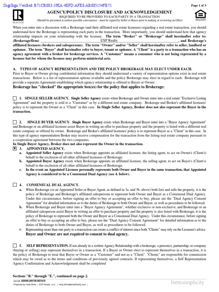 Agency Disclosure and Acknowledgement-DigiSign | PDF | Real Estate ...