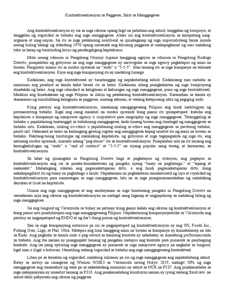 Kontraktuwalisasyon (Concept Paper) | PDF