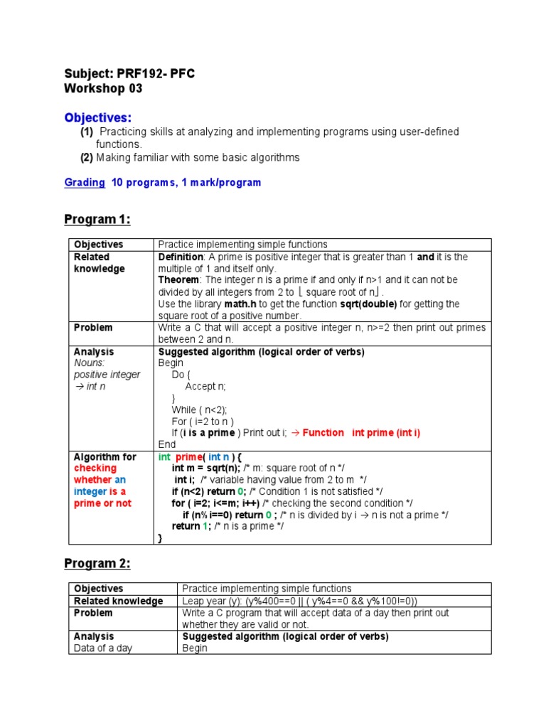 Objectives:: Subject: PRF192-PFC Workshop 03 | PDF | Integer (Computer ...