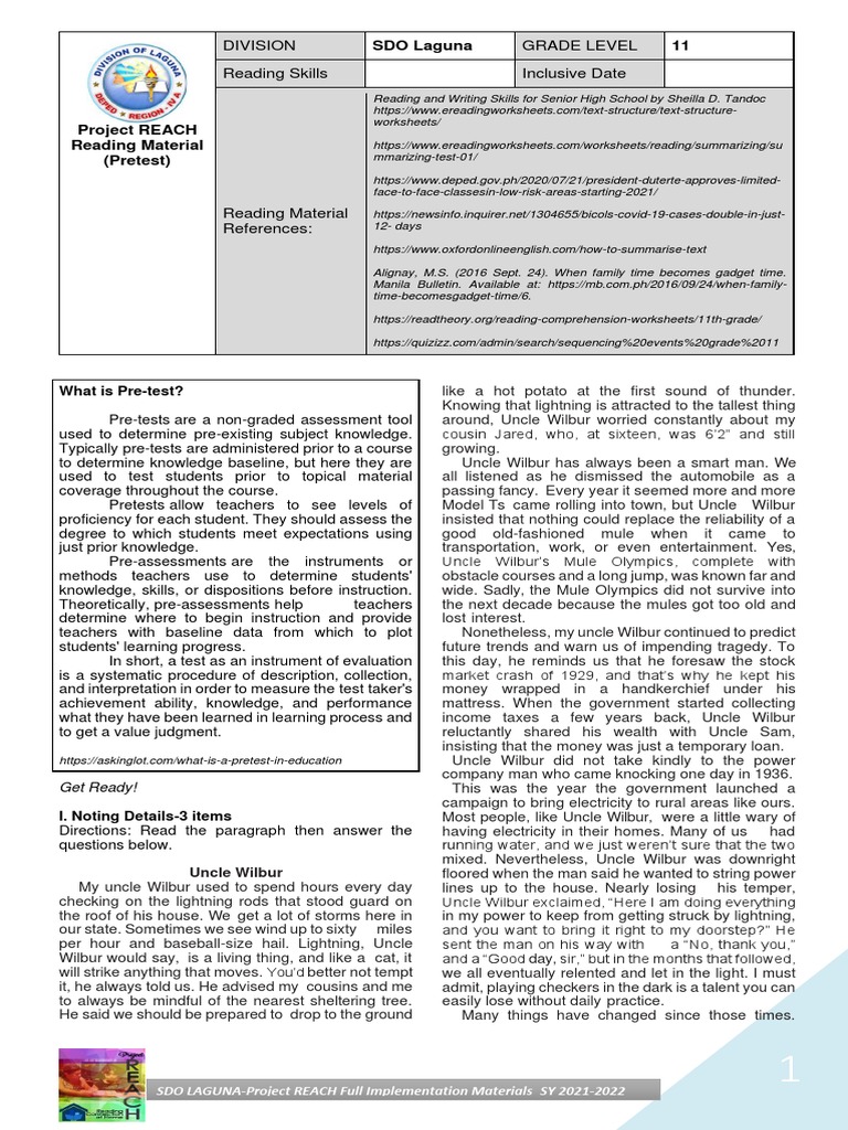Grade 11 Reading Comprehension Pretest | PDF | Johannes Gutenberg ...