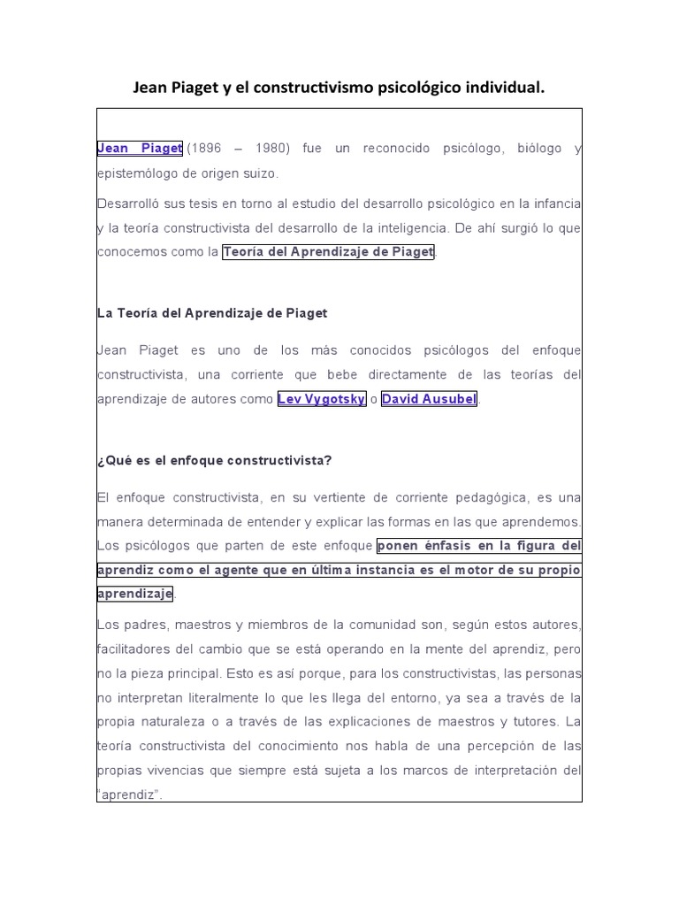 Jean Piaget y El Constructivismo Psicológico Individual | PDF | Aprendizaje | Constructivismo ...