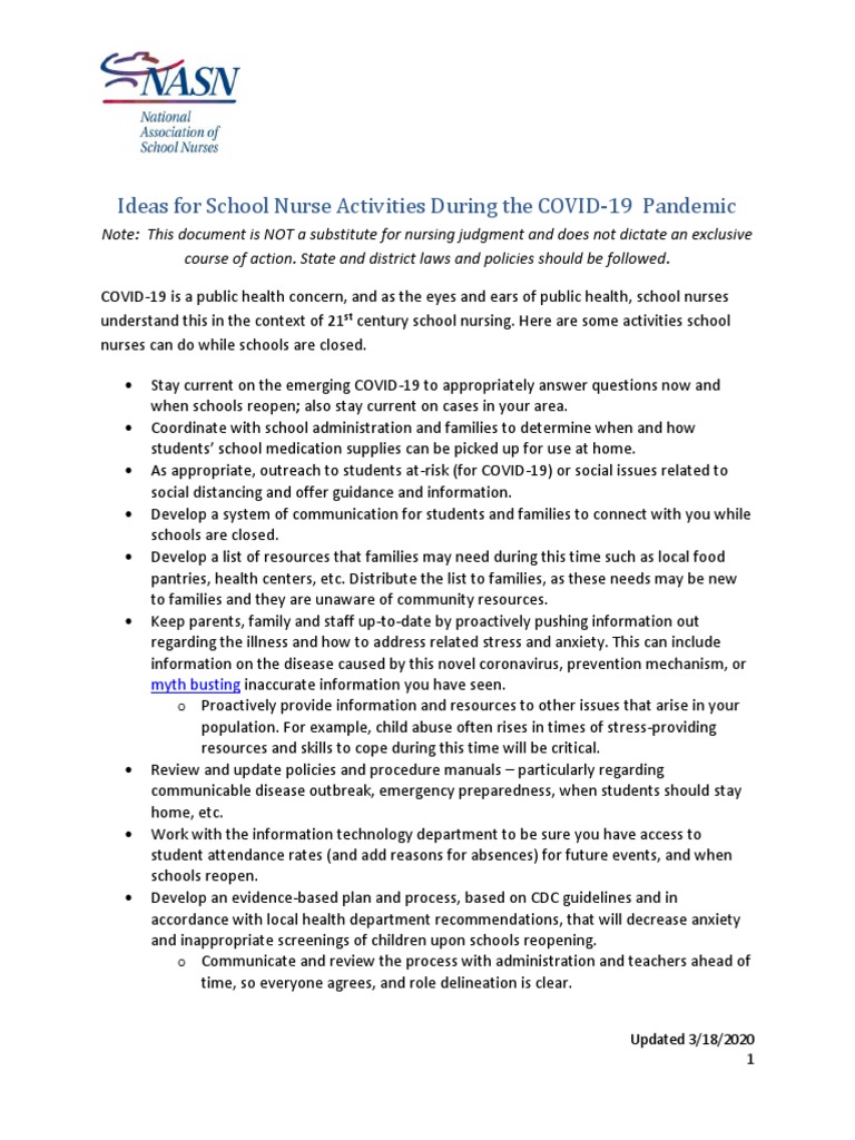 NASN Ideas For School Nurse Activities During The COVID-19 Pandemic ...