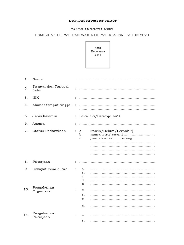 Daftar Riwayat Hidup KPPS 2020 | PDF