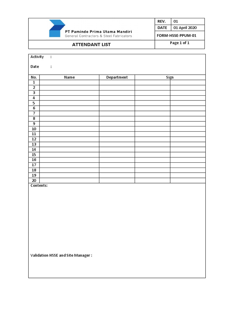 Form Hsse Ppum 001 Attendant List Form | PDF