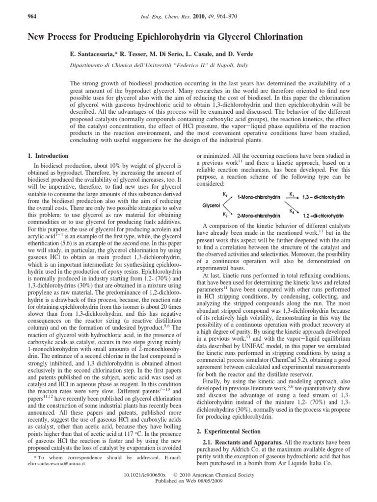 New Process For Producing Epichlorohydrin Via Glycerol Chlorination ...