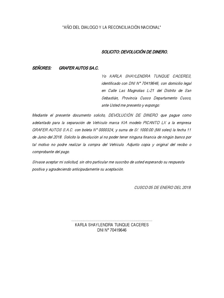 SOLICITO DEVOLUCIÓN DE DINERO | PDF