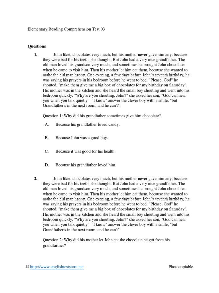 Elementary Reading Comprehension Test 03 | PDF