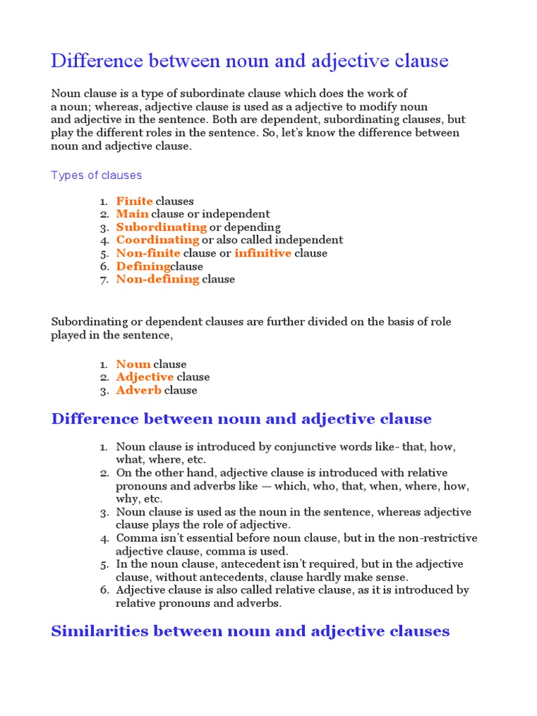 Difference Between Noun and Adjective Clause | PDF | Clause | Adjective
