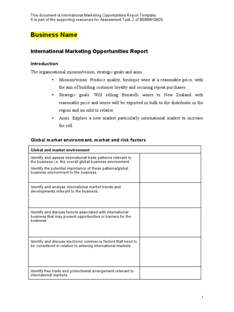 International Marketing Report Template | PDF | Marketing | Risk