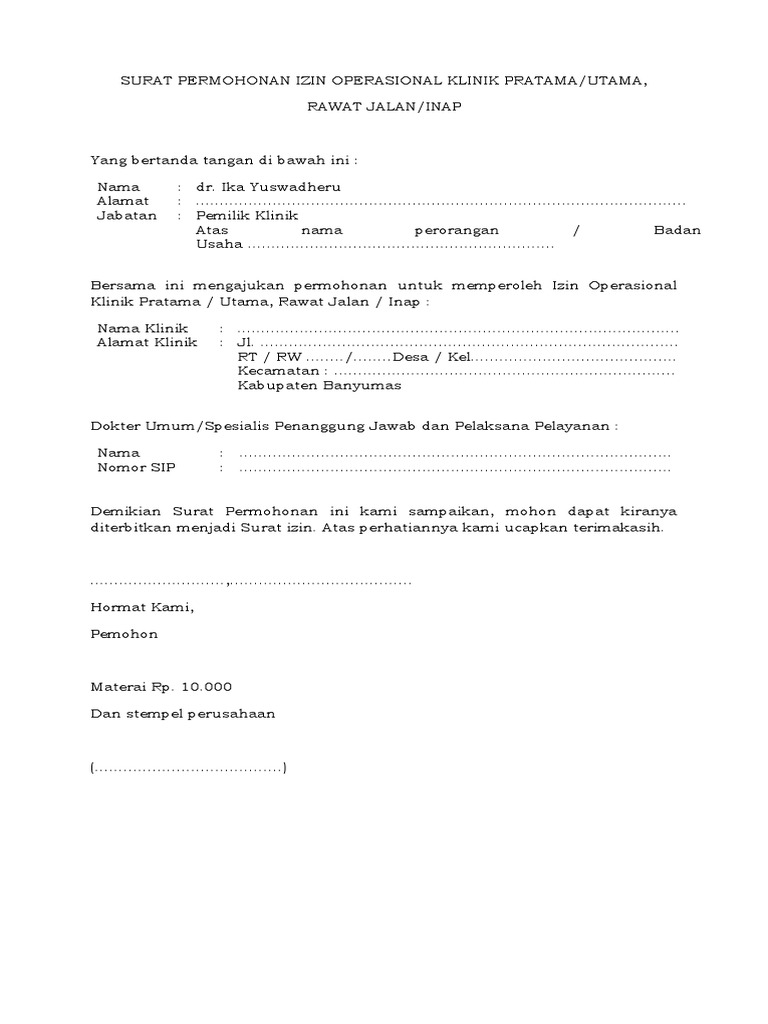 Permohonan Izin Operasional Klinik Pratama | PDF