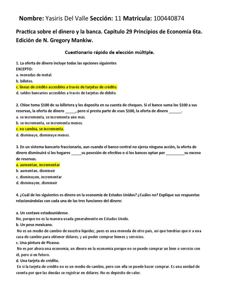 Practica Sobre El Dinero y La Banca | PDF | Dinero | Bancos