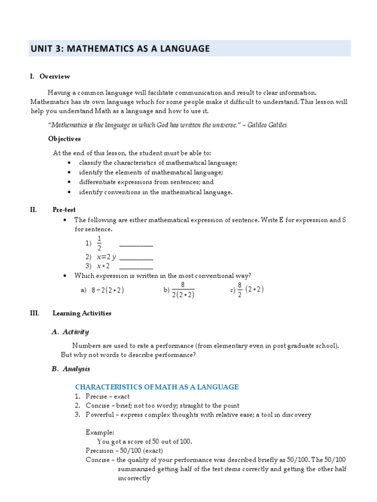 Unit 3: Mathematics As A Language: I. Overview | PDF | Sentence ...