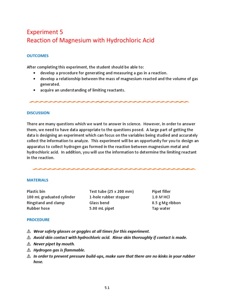 Experiment 5 Reaction of Magnesium With Hydrochloric Acid: Outcomes ...
