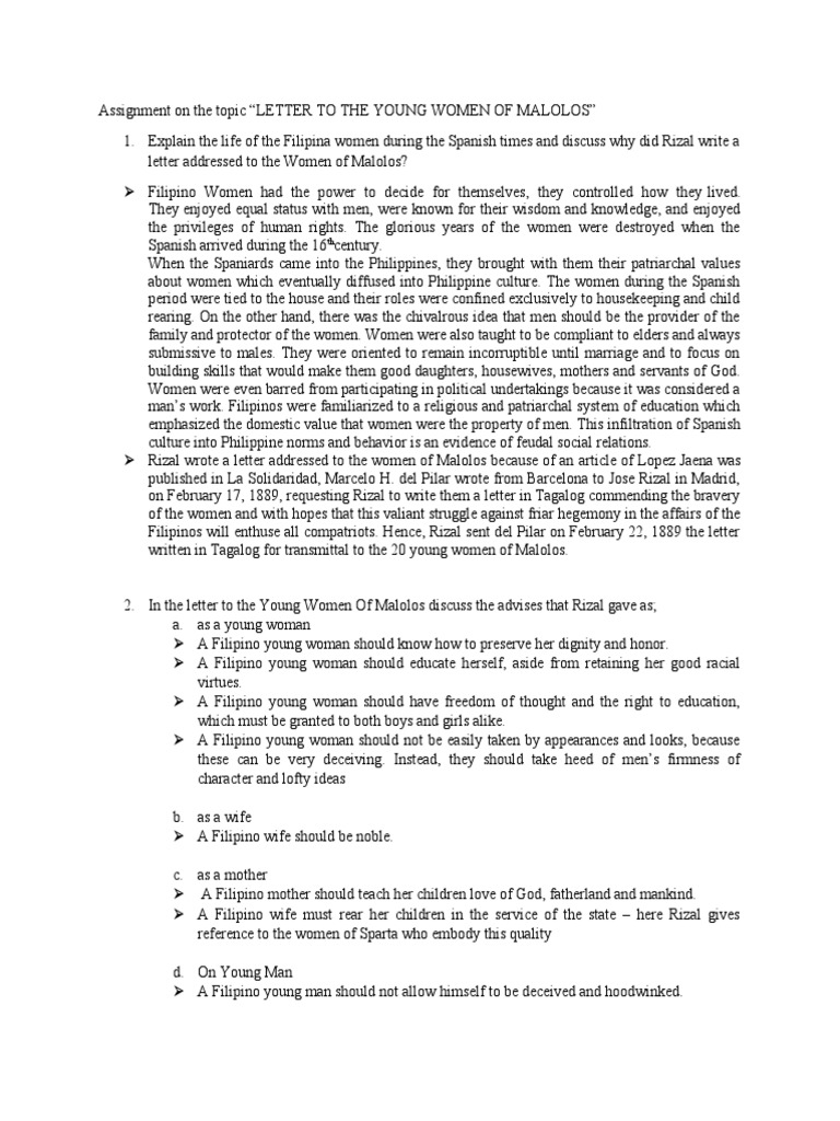 Rizal's Letter to the Women of Malolos | PDF | Social Science ...