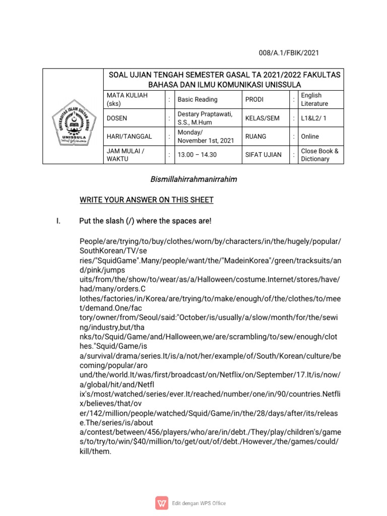 Jawaban Soal Uts Basic Reading Gasal Ta 2021-2022 1 | PDF