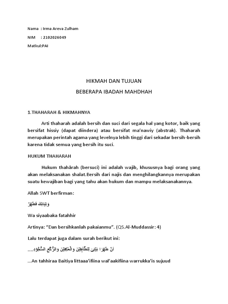Hikmah Dan Tujuan Beberapa Ibadah Mahdhah-Irma Areva Zulham | PDF