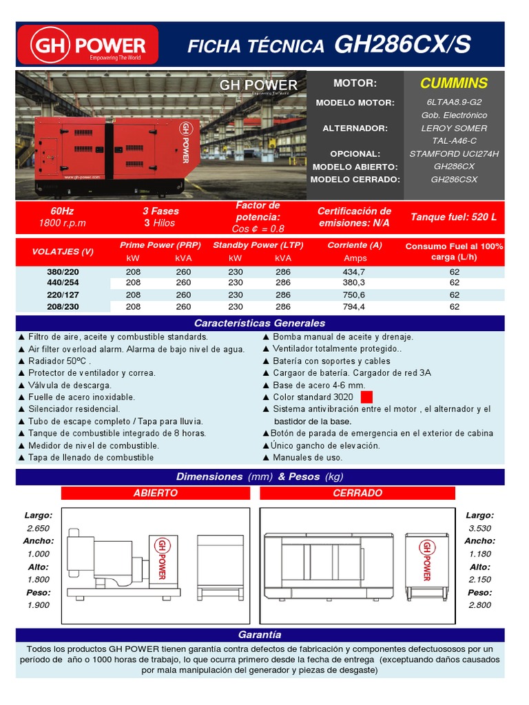 Ficha Técnica GH POWER GH286CSX 60 HZ | PDF | Generador eléctrico ...