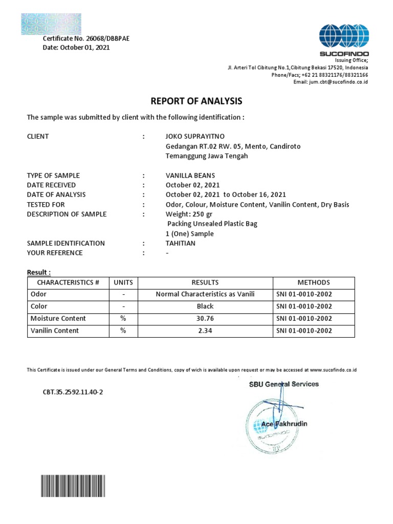 Contoh COA Vanili Tahiti | PDF