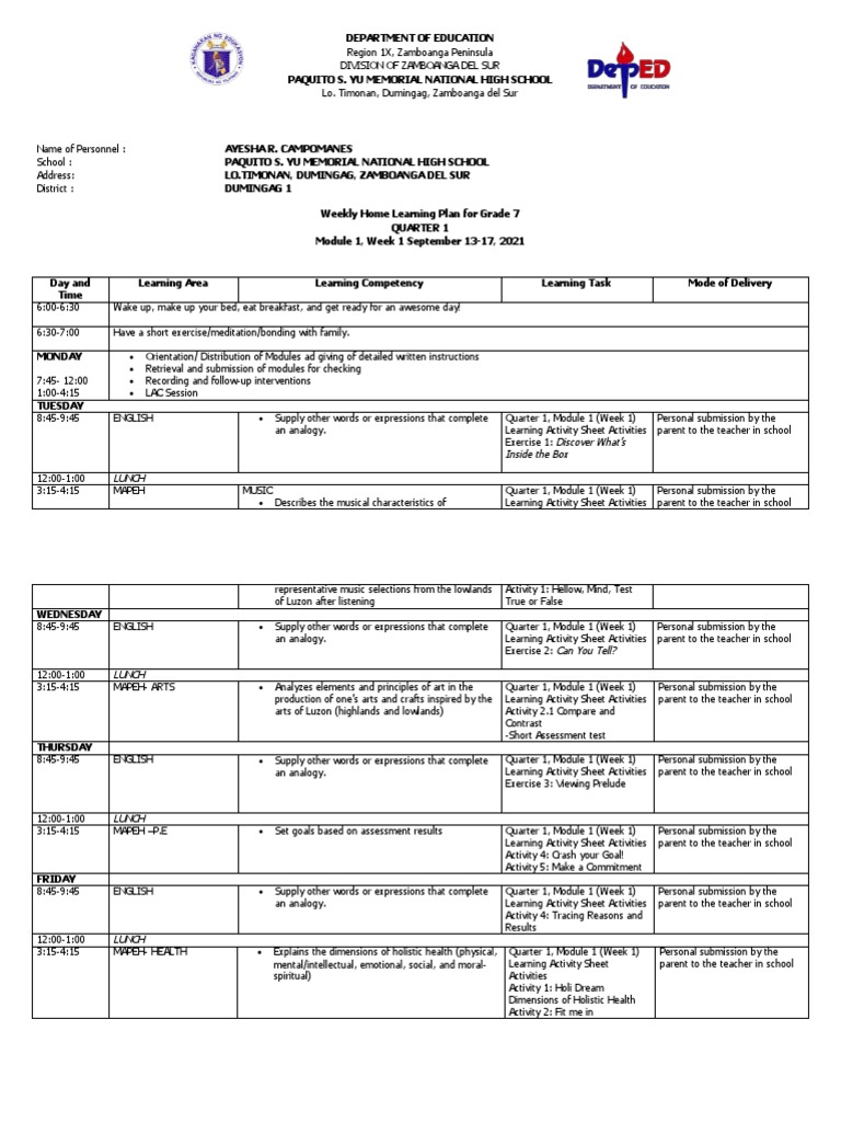 Grade 7 1ST Quarter Weekly Learning Plan | PDF | Sentence (Linguistics ...