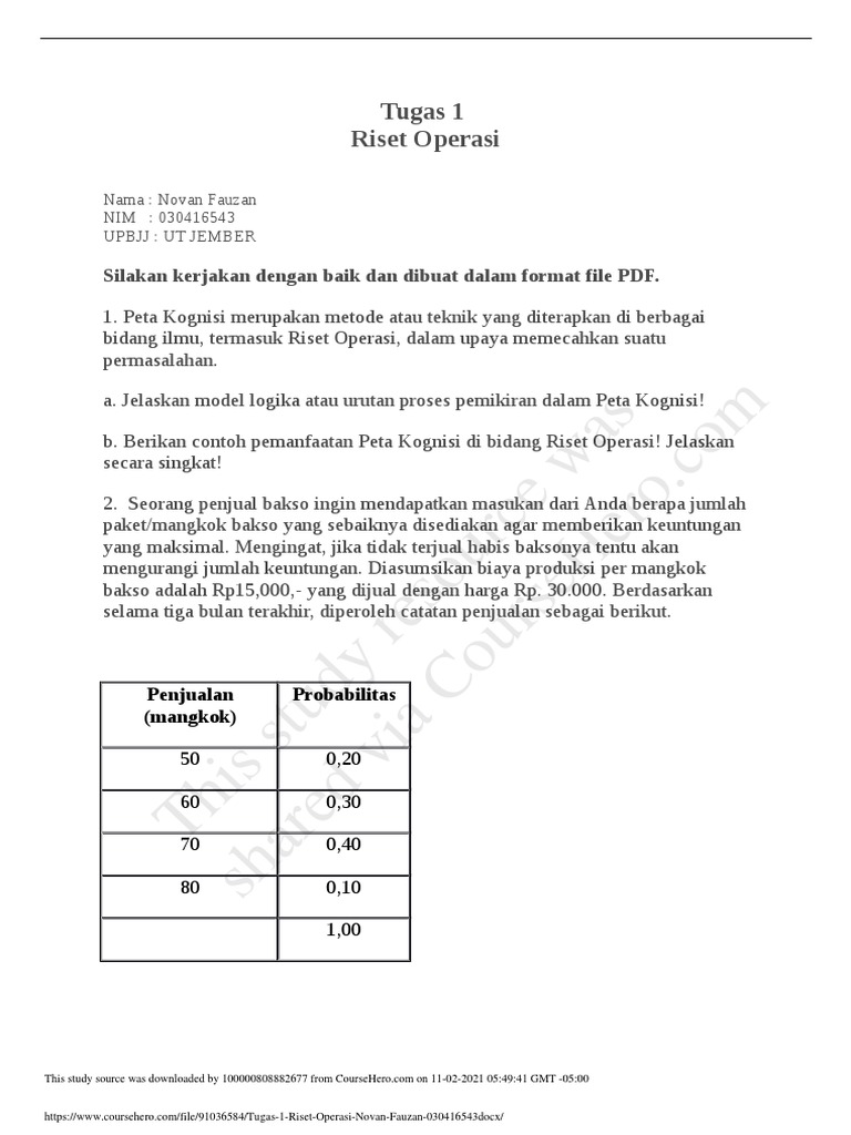 Tugas 1 Riset Operasi Novan Fauzan 030416543 | PDF