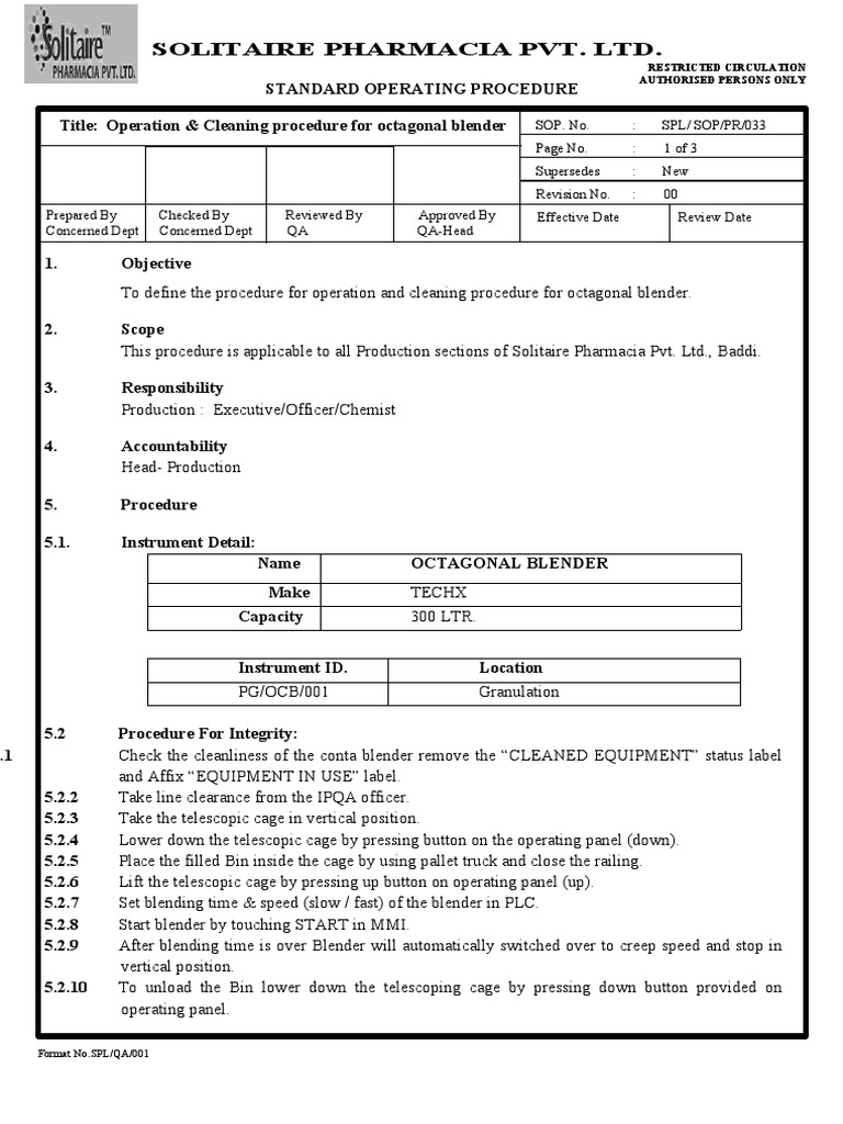 Operation & Cleaning Procedure for Octagonal Blender | PDF ...