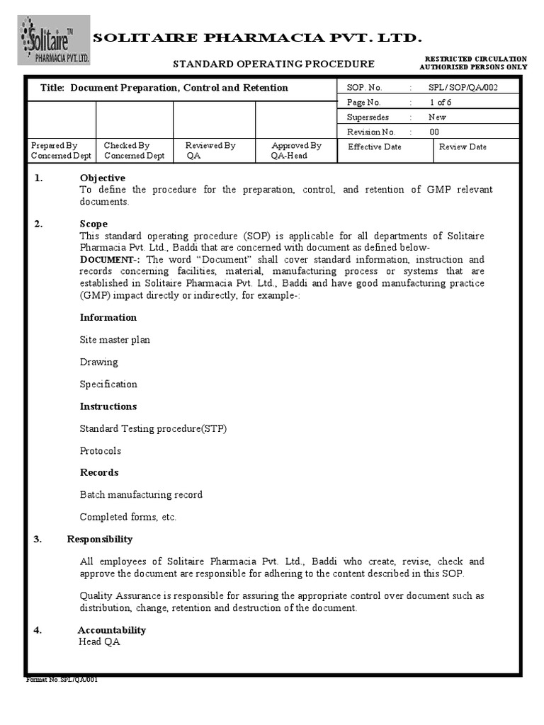 SOP-QA-002-00-Document Preparation, Control and Retention | PDF ...