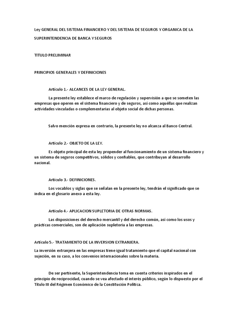 Ley GENERAL DEL SISTEMA FINANCIERO Y DEL SISTEMA DE SEGUROS Y ORGANICA DE LA | PDF | Seguro | Bancos