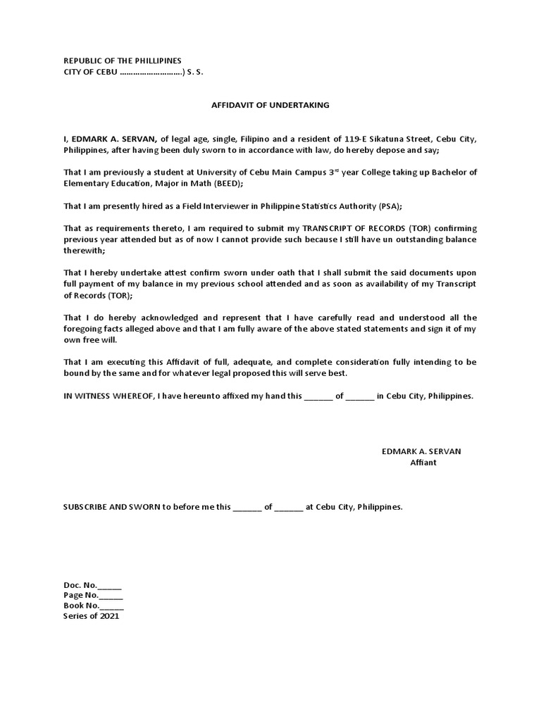 Affidavit of Undertaking | PDF | Affidavit | Justice