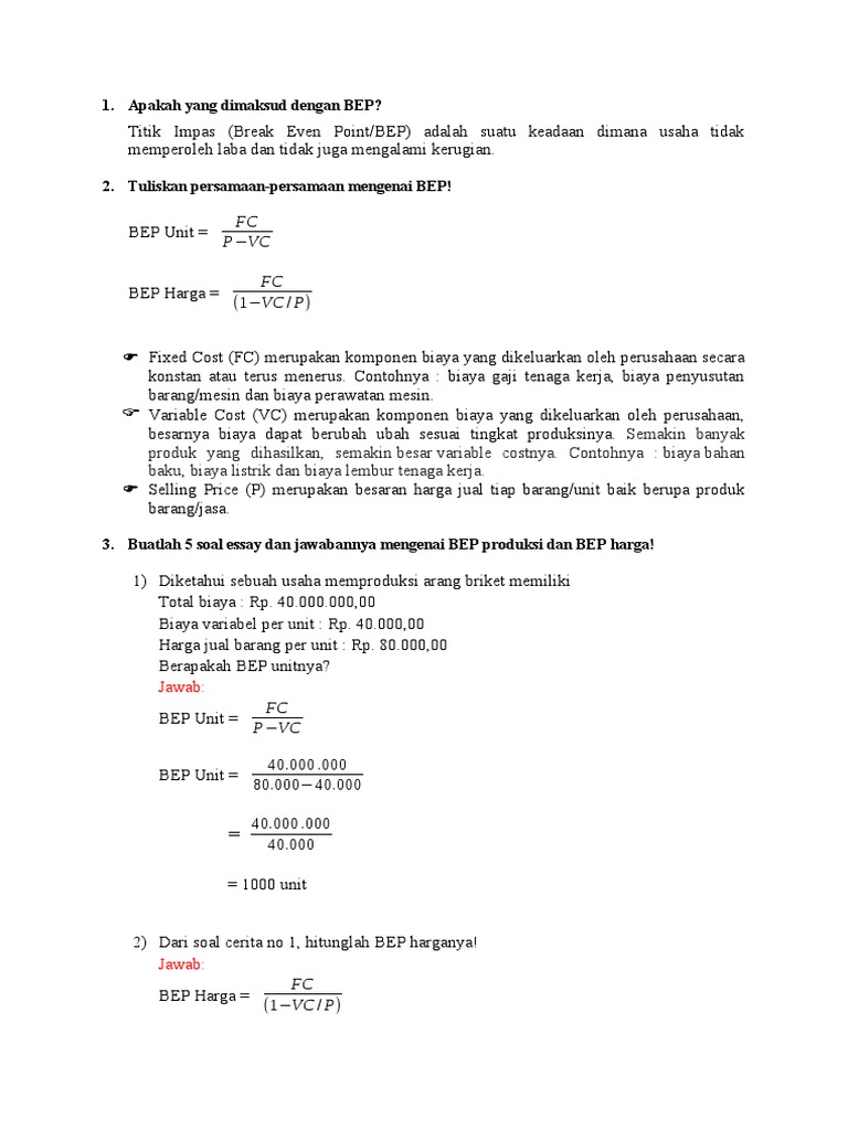 Contoh Soal dan Perhitungan BEP | PDF | Pengelolaan Keuangan & Uang ...
