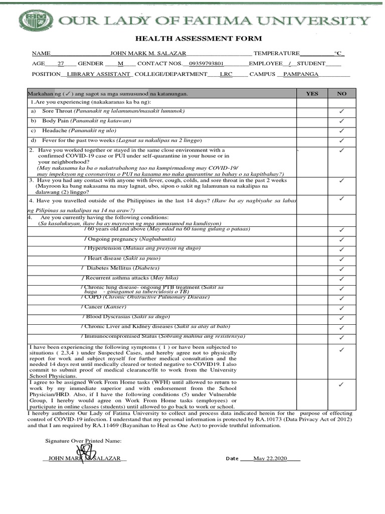 Health Assessment Form Final | PDF | Tuberculosis | Respiratory Diseases