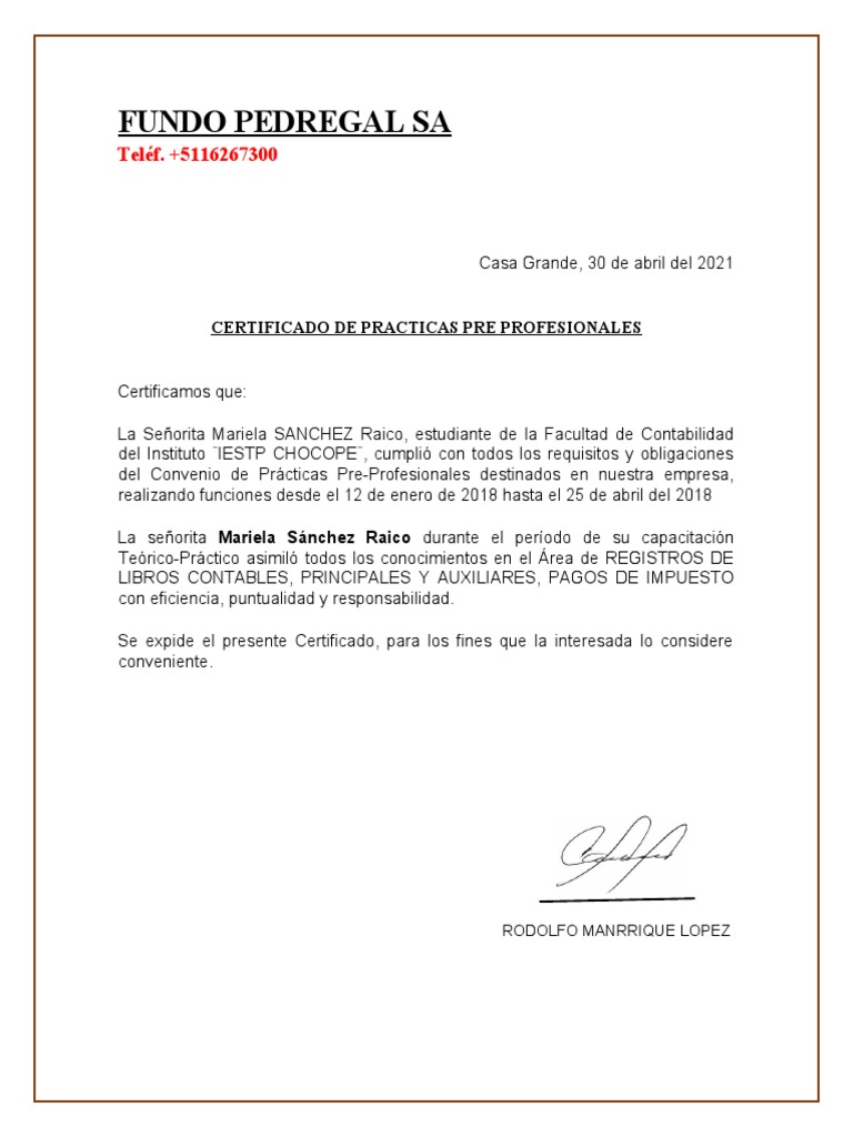 Certificado de Practicas Profesionales Modelo | PDF