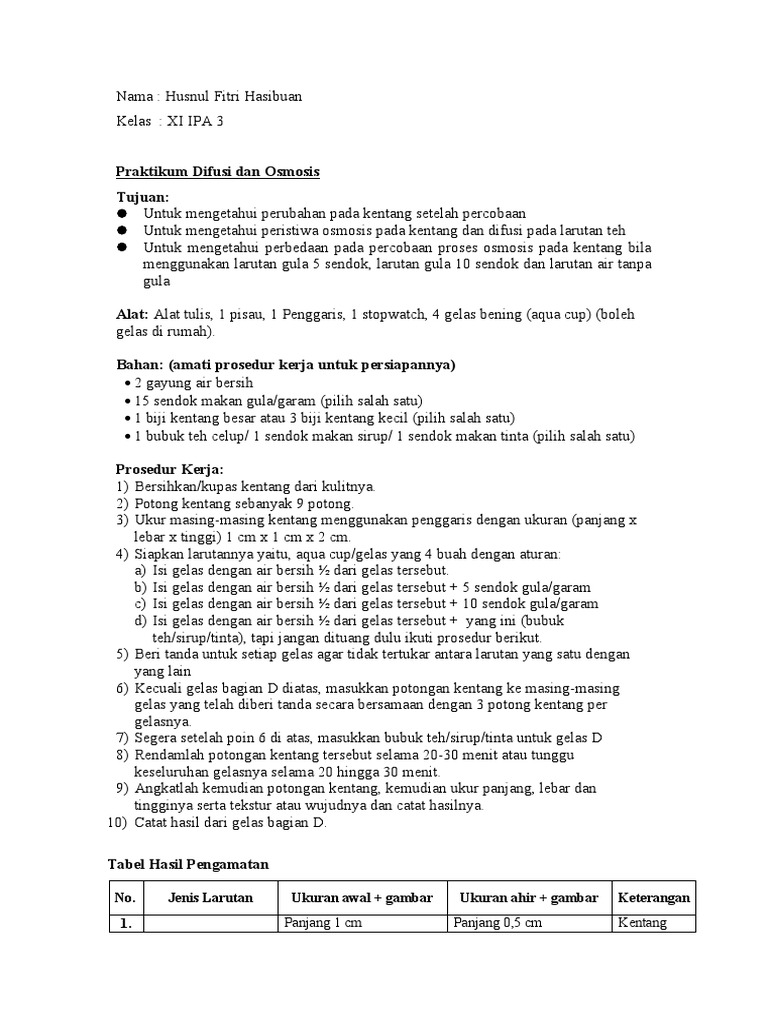 Praktikum Difusi Dan Osmosis HUSNUL | PDF