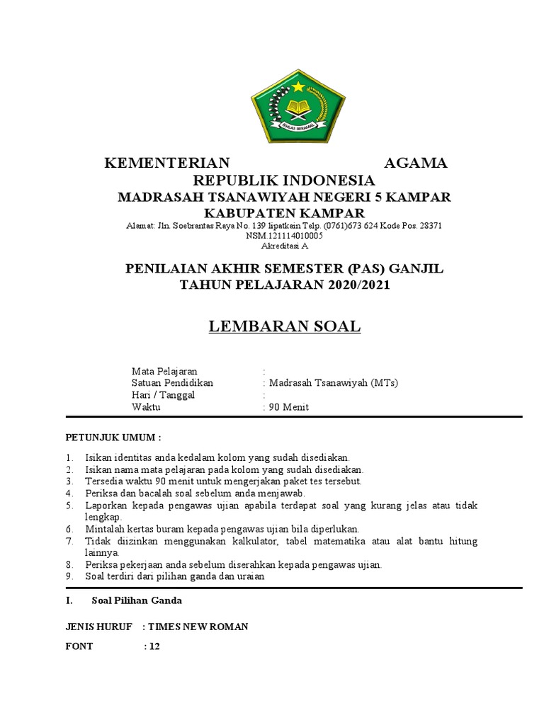 Kop Soal Pas Ganjil | PDF