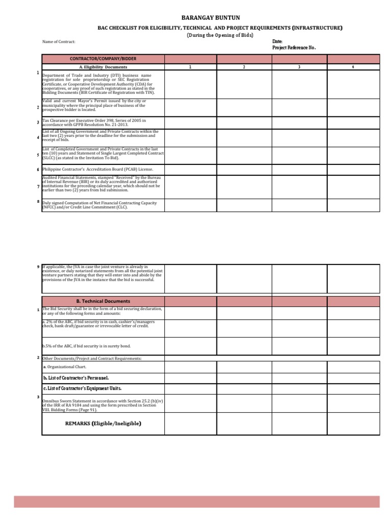 Bac Checklist For Eligibility, Technical and Project Requirements ...